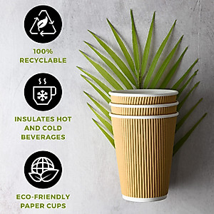 NYHI 100 8 oz Ripple Kraft Paper Cups Brown Hot Cold with Lids 3 Layer Rippled Small Insulated Disposable Coffee Cups for Cappuccino Hot Cocoa or Iced Drinks