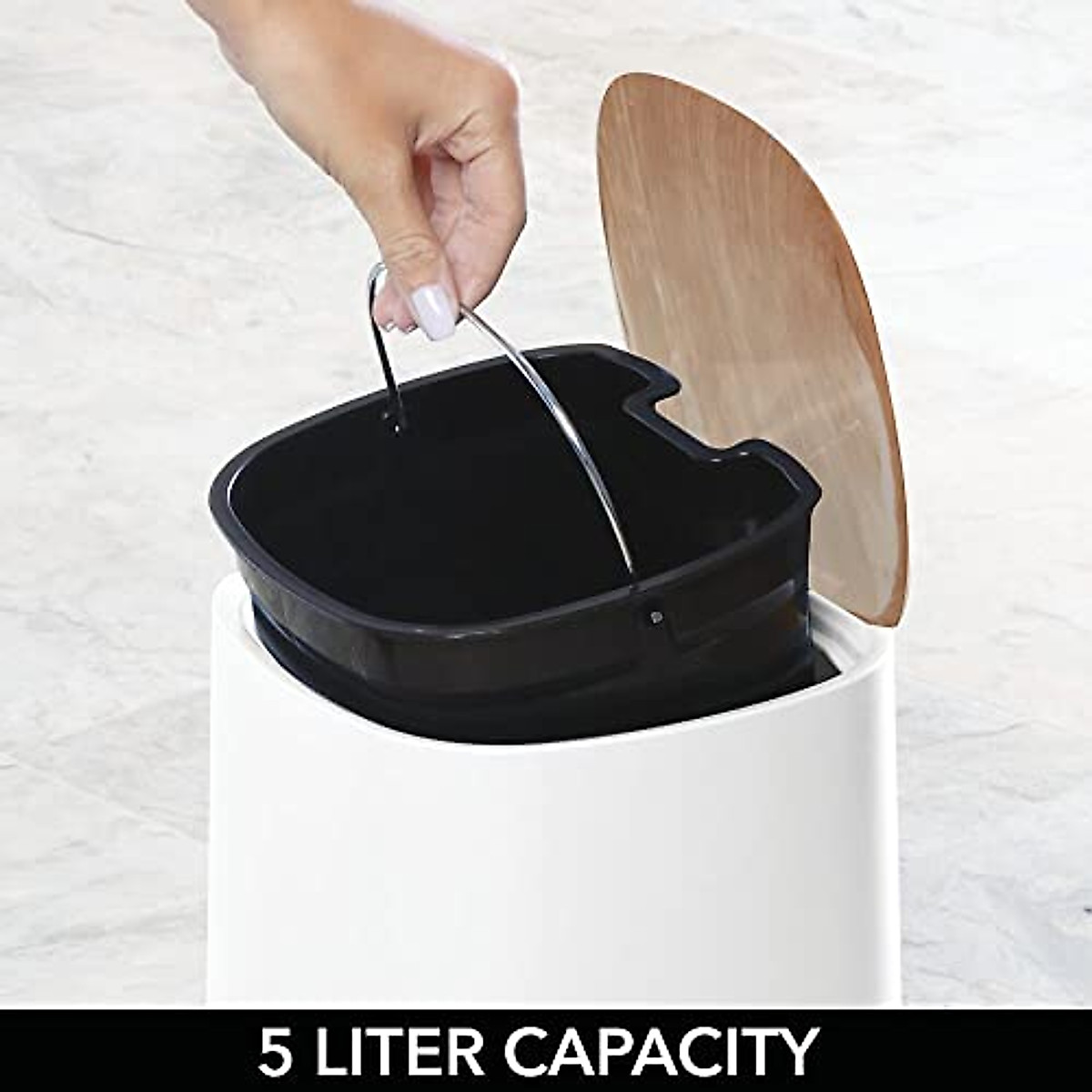 mDesign Modern 1.3/5 Liter Gallon Plastic Step Trash Can Wastebasket, Small Garbage Container Bin - for Bathroom, Powder Room, Bedroom, Kitchen, Craft Room - Removable Liner Bucket - White/Bamboo