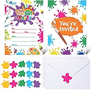 Pajean 24 Set Art Painting Party Invitations with Envelopes Colorful Birthday Invitation Cards Paint Themed Invitation Letters Paint Fill in Invites with 30 Stickers for Art Party Supplies
