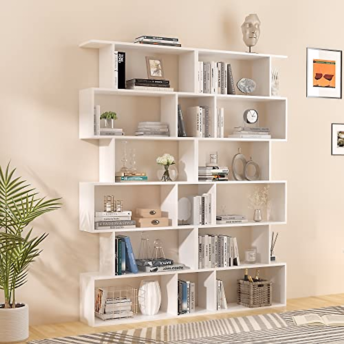 Boloni Geometric Bookcase with 2 Bookends, 6 Tier Modern Bookshelf, 76in Tall White Bookshelf, Freestanding Lego Display Shelves