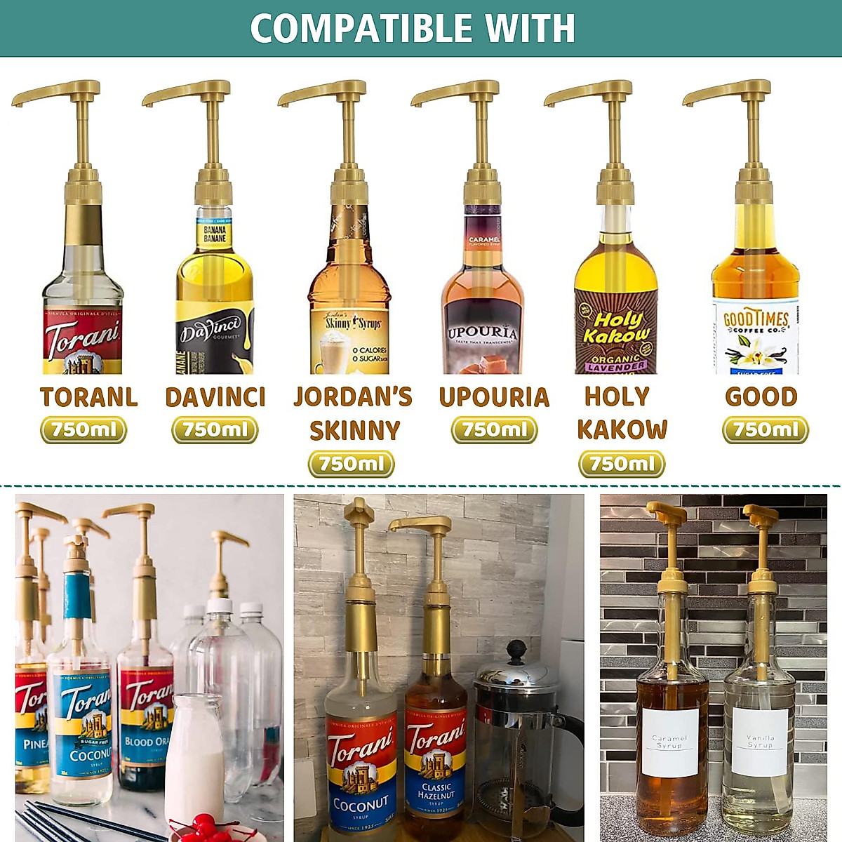 COODUM 3 Packs Coffee Syrup Pump Fits 750Ml Torani, DaVinci, Jordans Skinny Syrup Bottles, Torani Pump Dispenser for Coffee Syrup Snow Cones, No Dripping, Ideal for Home and Coffee Bar - Gold