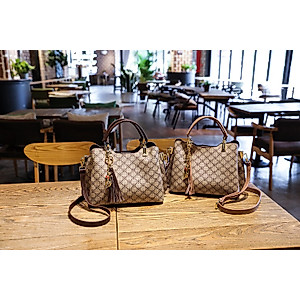 Eightown Beige Tote Bag for Women - Designer Top Handle Bag with Flowers Printing - High-capacity Shoulder Purse with Tassel Pendant(Beige strap)