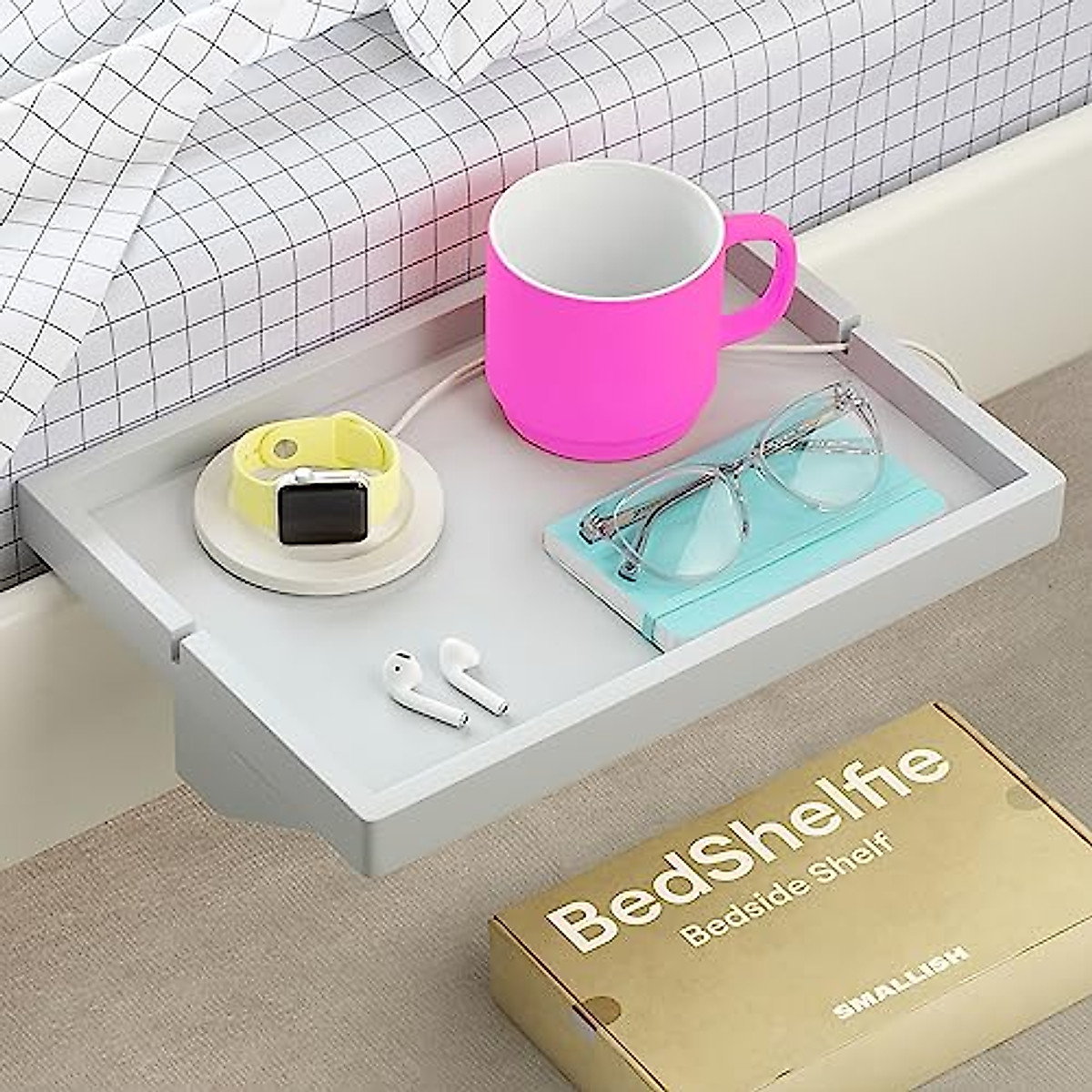 BedShelfie Bedside Shelf for Bunk Bed & Top Bunk, College Dorm Room Essentials, Loft Bed Accessories, Clip On Nightstand Organizer, Floating Bed Side Table Tray Shelfie Storage - Original Grey Wood
