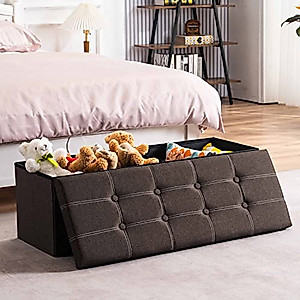 YOUDENOVA 43 Inches Folding Storage Ottoman Bench, Storage Chest Foot Rest Stool with Wooden Divider, Bed End Bench with 120L Large Storage Space, Linen Fabric Brown