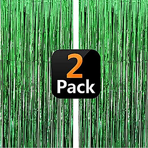 Green Tinsel Foil Fringe Curtain Party Backdrop Decorations for Christmas Graduation Birthday Wedding Engagement Bridal Baby Shower Bachelorette Holiday Celebration, Green Photo Booth Props - 2 Packs