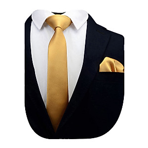 GUSLESON 2.4" Slim Necktie and Handkerchief Set For Men Solid Skinny Tie Brooch Set (Goldenrod)