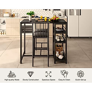 Gizoon Bar Table and Chairs Set for 2 with 3 Storage Shelves, Modern Pub Table Set with Pu Cushion Chairs & Thick Wood Top for Breakfast, 3-Piece Small Table for Kitchen - Black