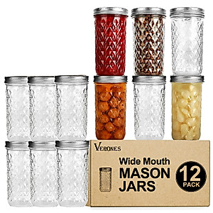 VERONES Wide Mouth Mason Jars 16oz, 12 Pack 16 oz Wide Mouth Mason Jars with Lids and Bands, Ideal for Jam, Honey, Wedding Favors, Shower Favors