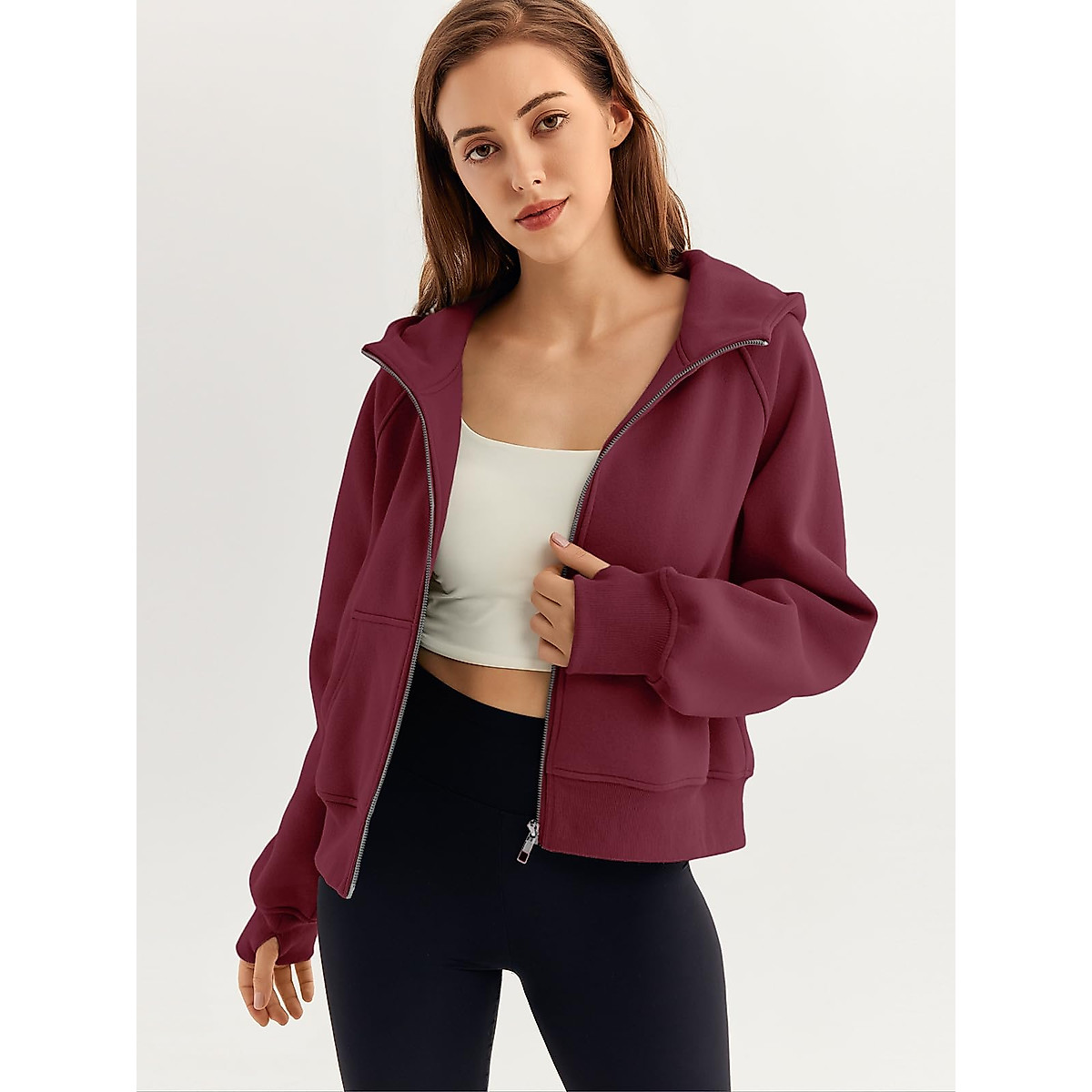 AUTOMET Womens Oversized Sweatshirts Zip Up Cropped Hoodies Fleece Jackets Full Zip Pullover Sweater 2024 Fall Fashion Outfits Trendy Winter Clothes Winered