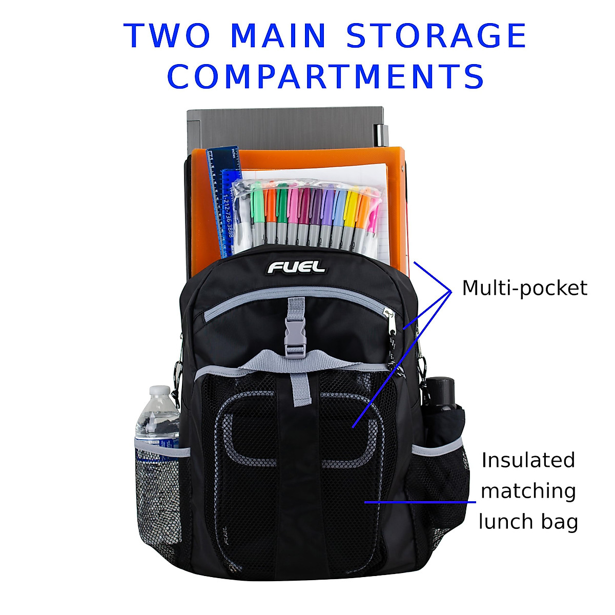 FUEL Backpack & Lunch Bag Bundle, Royal Blue/Crystal Clear Print