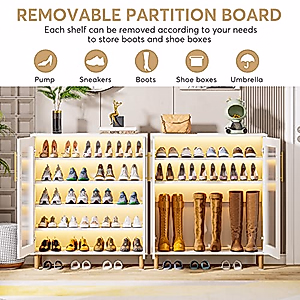 Tribesigns Shoe Cabinet with Acrylic Doors and LED Light, 24 Pairs Entryway Shoe Organizer Storage Rack with 5-Tier Adjustable Shelves for Narrow Closet, Hallway, Living Room (White & Gold)