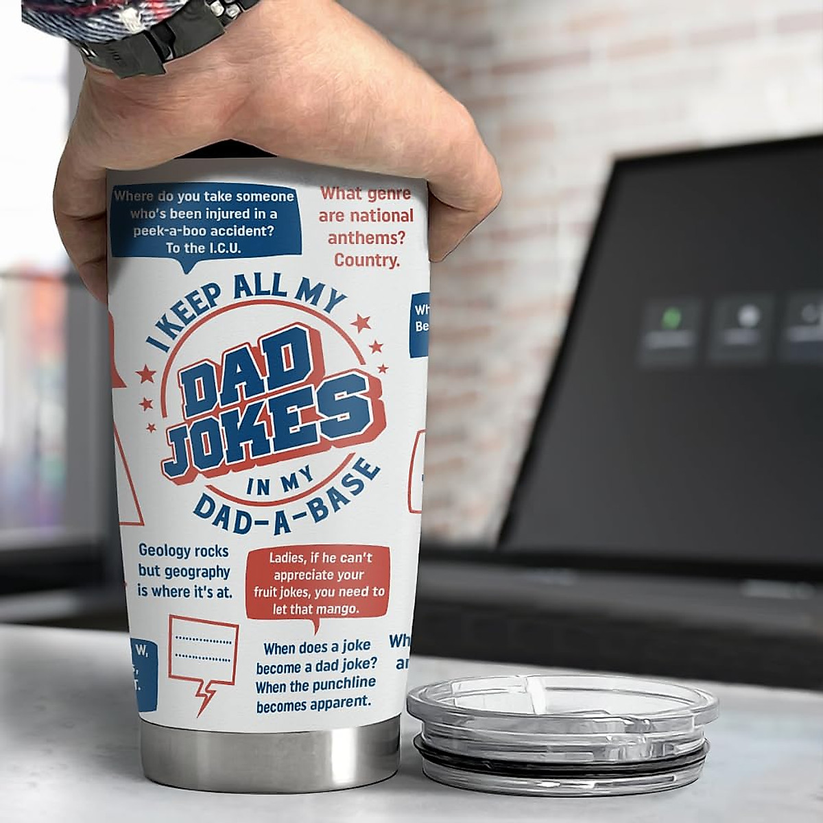 SANDJEST Dad Jokes Insulated Tumbler with Lid - 20oz Stainless Steel Mug for Father - Funny Coffee Cup for Travel Sport Office, Gift for Birthday Father’s Day