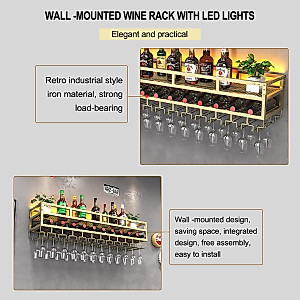 PENGFEI LED Wine Rack Wall Mounted, Industrial Metal Hanging Wine Bottle & Glass Holder, Large Floating Shelves Wine Bottle Organizer Goblet Rack for Home Bar Dining Room Decor