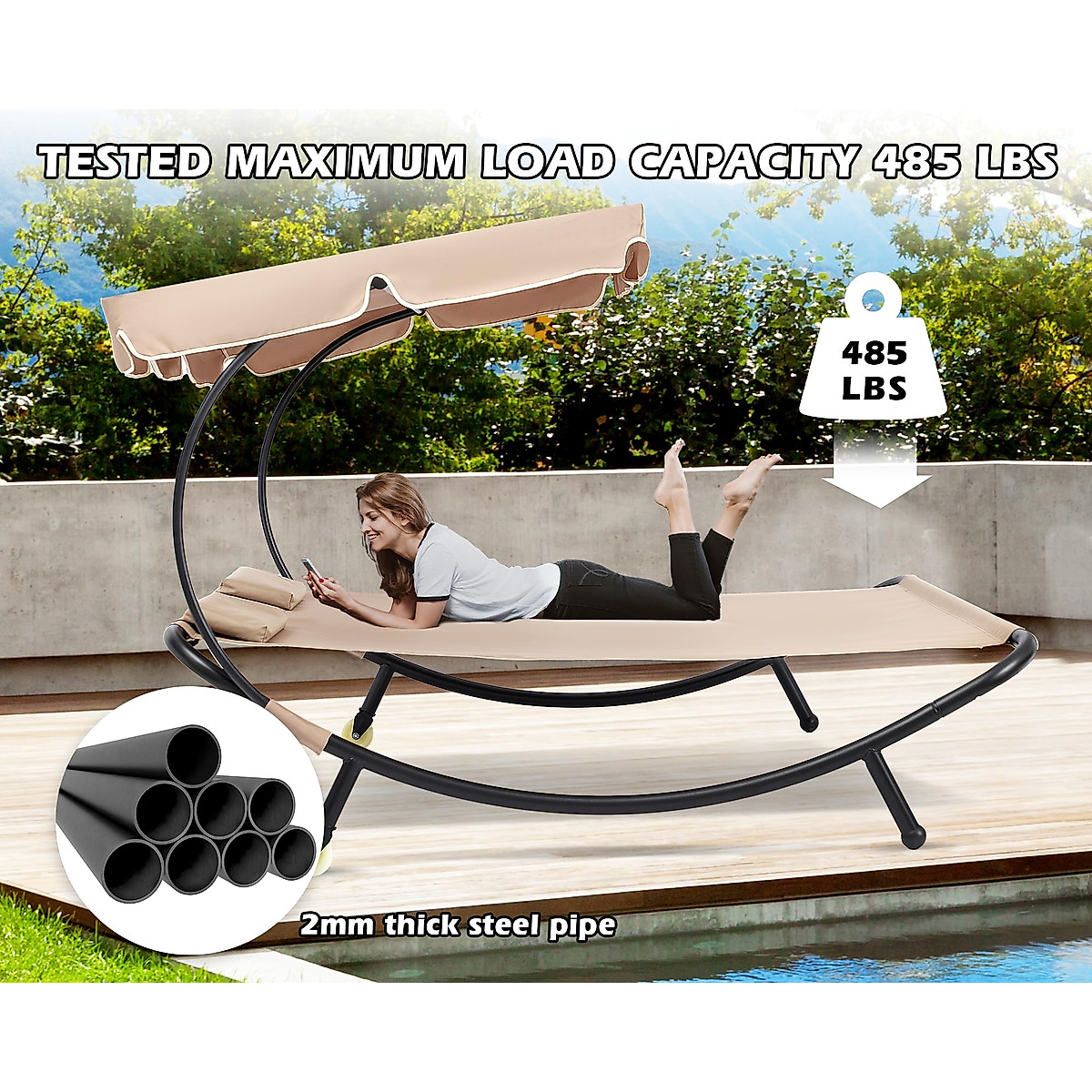 Outdoor Double Chaise Lounge Bed with Canopy, Patio Lounger Bed for 2 Person Sunlight Hammock Daybed with Portable Wheels, Pillow for Garden Sun Room Poolside