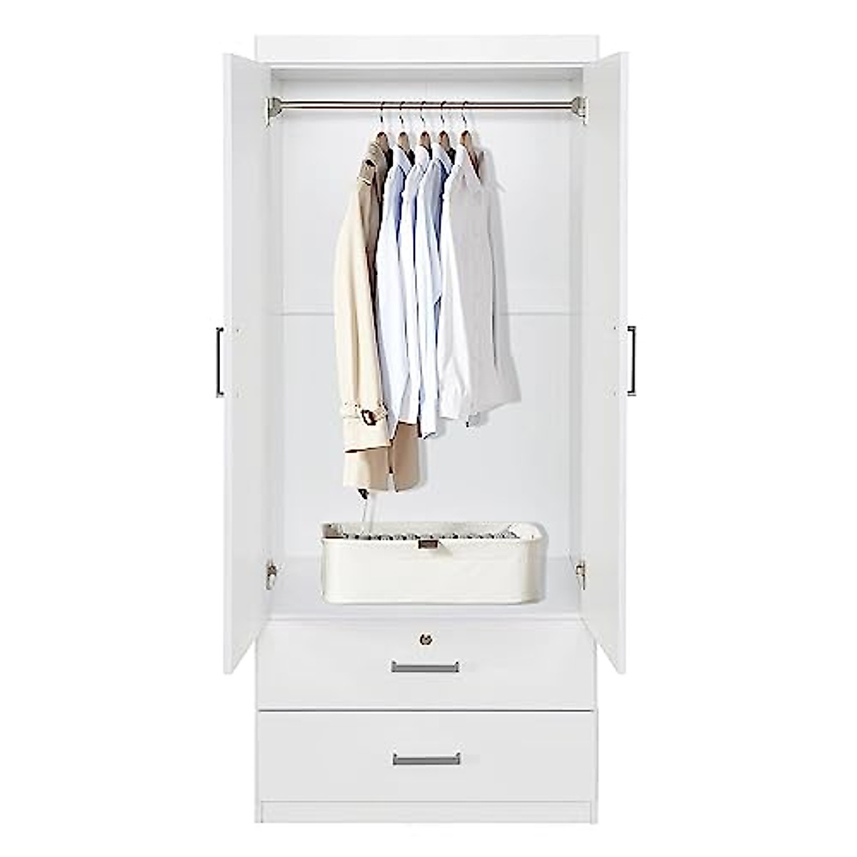 FurnitureR 2 Door Wardrobe, Wooden Armoire with Drawers and Hanging Rod for Bedroom 68.2-Inch Wardrobe Storage Cabinet, White