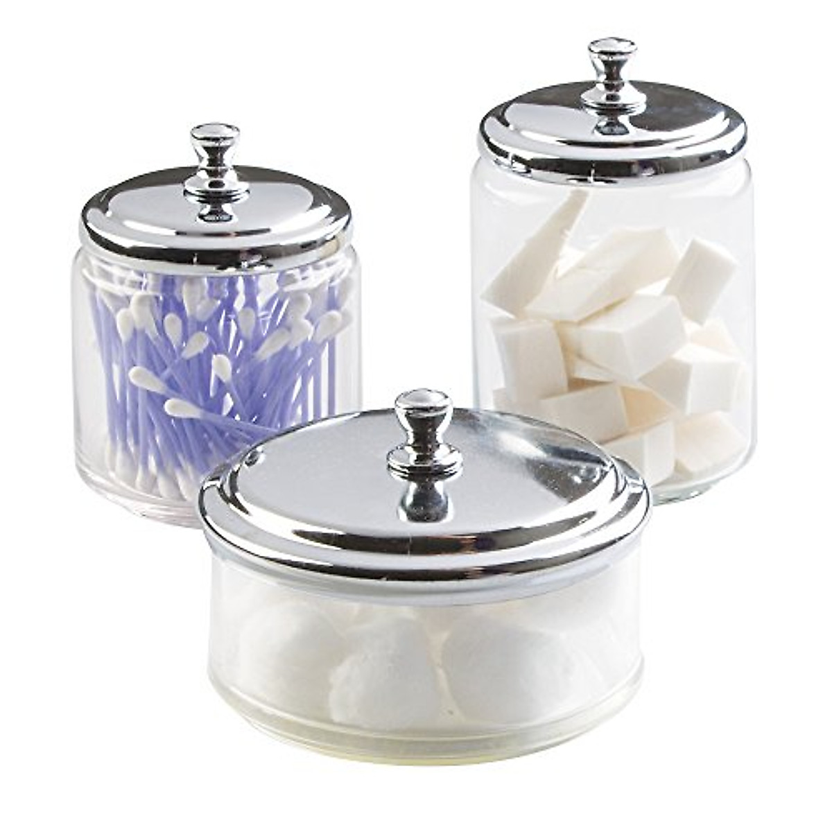 iDesign York Bathroom Vanity Glass Apothecary Jar for Cotton Balls, Swabs, Cosmetic Pads - Clear/Polished Lid,Small