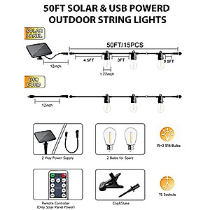 Classhine 50FT USB & Solar Chargeable Outdoor String Lights Dimmable with Remote, Waterproof Patio Deck Lights 15+2 LED Large Bulbs Warm White Shatterproof Replaceable Café Yard Porch Decor
