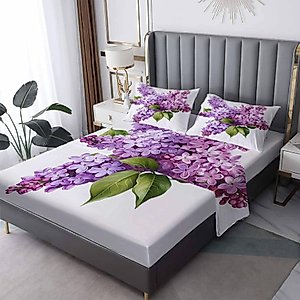 Full Size Sheet Sets - Lavender Floral Bed Sheets, Flower Bedding Sheets & Pillowcases, Soft Microfiber & Deep Pocket & Wrinkle Free Patterned Sheet Set, 1 Fitted Sheet, 1 Flat Sheet, 2 Pillow Cases