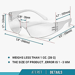 ATERET 12 Pairs Safety Glasses, Scratch and Impact Resistant, Polycarbonate ANSI Z87.1 Lens, Protective Eyewear for Lab, Industrial, Carpentry, Shooting (Clear)