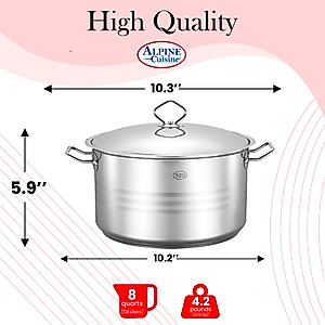 Alpine Cuisine Stainless Steel Pot with Lid 8 Quart - Stainless Steel Heavy Duty, Commercial Grade Healthy Cookware kitchen Dutch oven, Dishwasher Safe