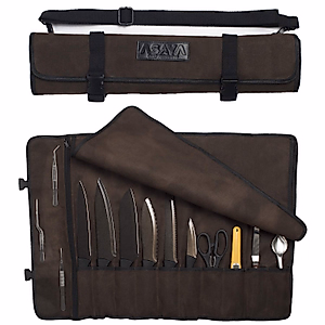 Asaya Canvas Chef Knife Roll Bag - 10 Knife Slots and a Large Zipper Pocket - Durable 10oz Canvas Knife Case with an Adjustable Shoulder Strap - Knives not Included
