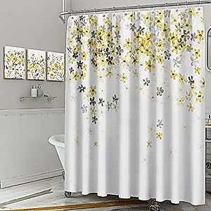 SUMGAR Yellow Flower Shower Curtain Bathroom Fabric Grey Floral Polyester Cloth Farmhouse Boho Rustic Summer Decorative Washable Shower Curtains Set with Hooks 72 x 72 Inch