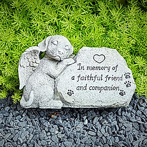 Dog Memorial Stone Statue, Sleeping Dog Angel Figurine Forever in Our Hearts, Dog Grave Markers Outdoor for Deceased Pet, Loss of Dog Memorial Sympathy Gifts Antique Stone Finish 8.86 inch