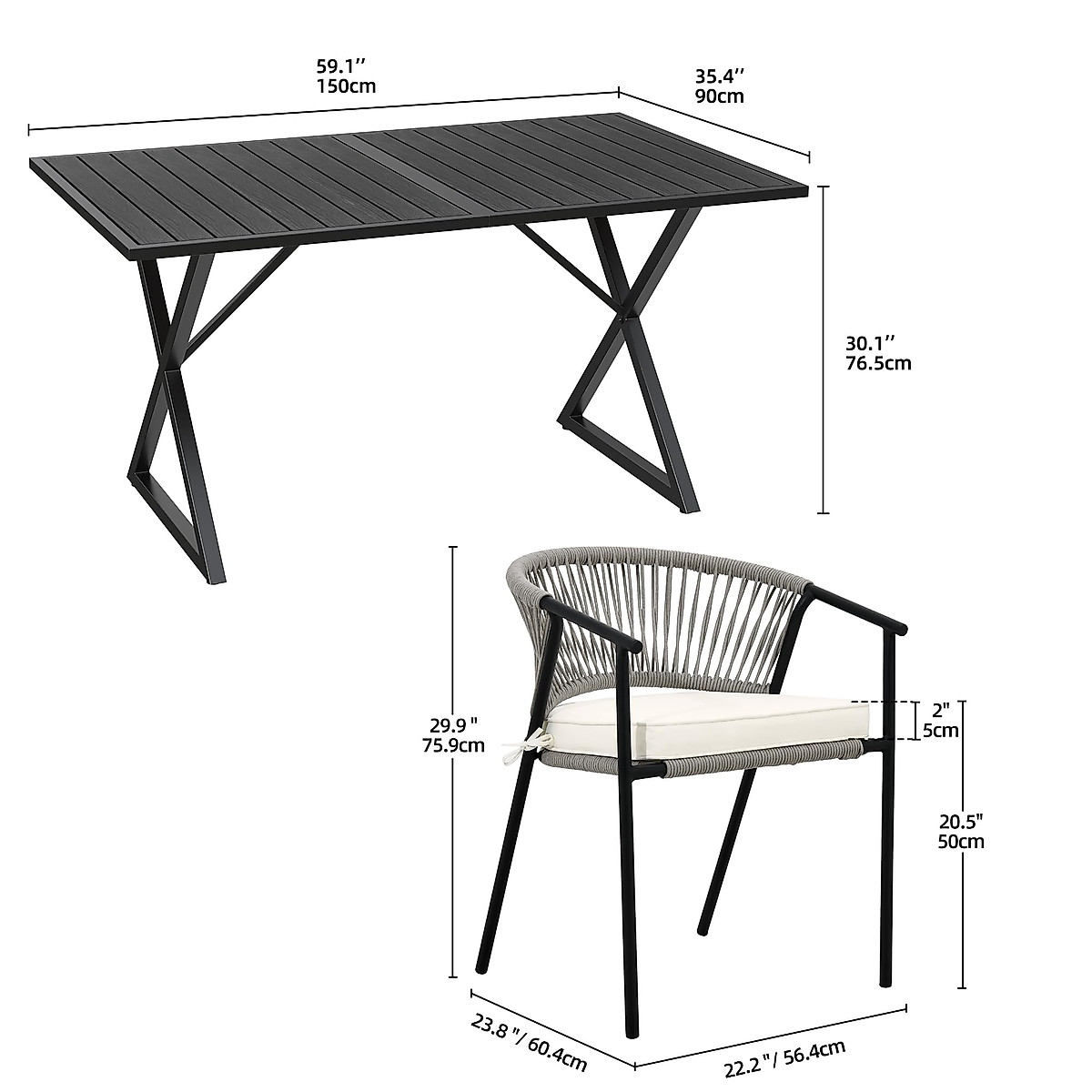 YITAHOME 5 Piece Patio Dining Set, Stackable Chairs with Comfortable Cushions, 59" Rectangle Tables with Metal Frame and Faux Wood Tabletop for Patio Balcony Porch Poolside Lawn Garden, Black & Beige