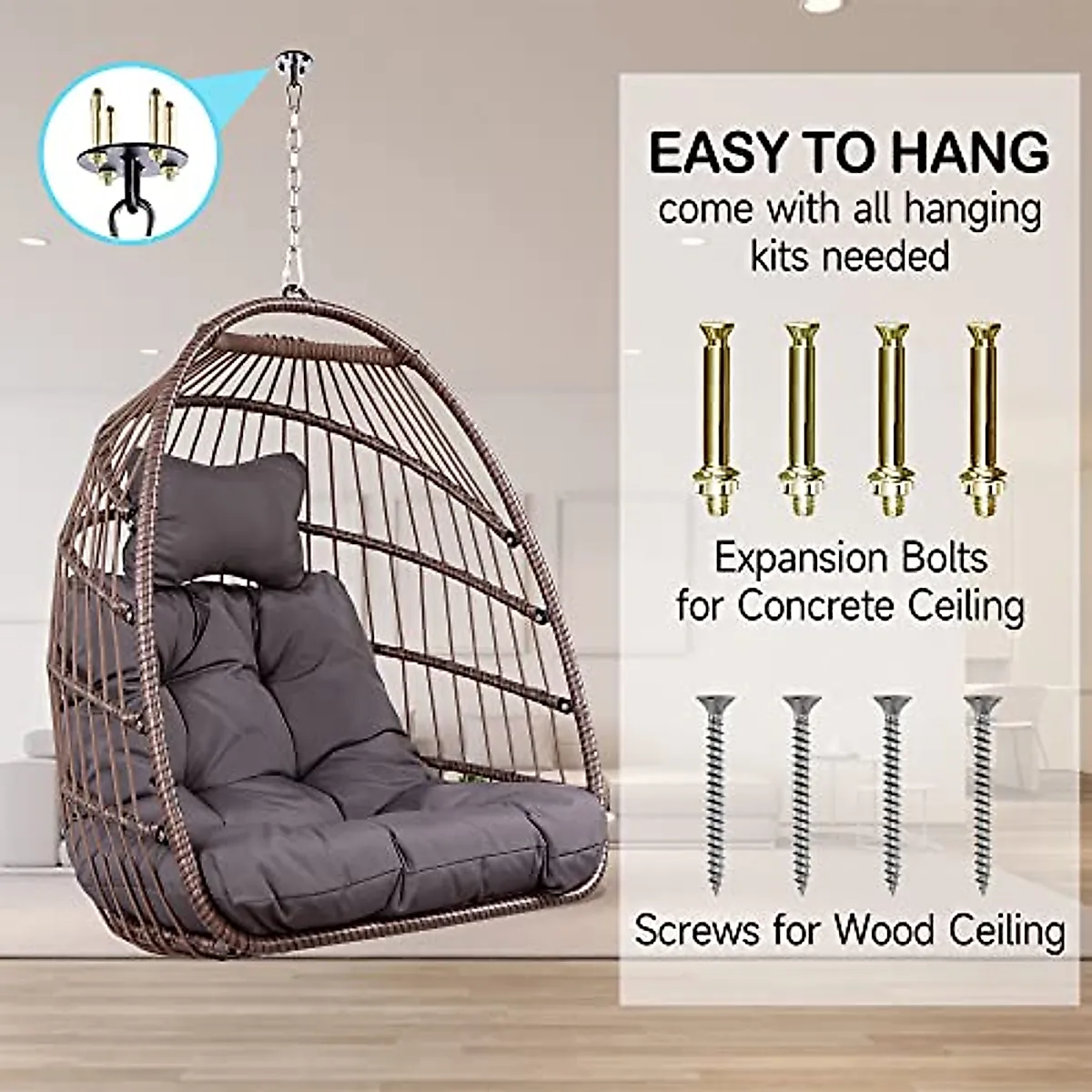 Garden Wicker Hanging Egg Chair with Seat Cushion and Pillow, Rattan Hammock Chair Ideal for Bedroom Patio Porch Lounge (Brown)