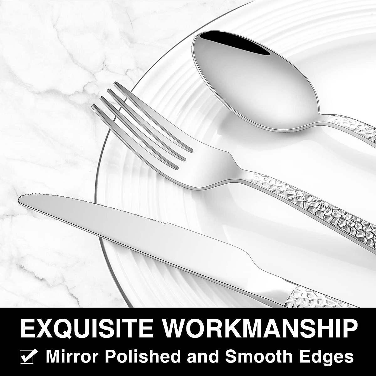 40-Piece Hammered Silverware Set with Organizer, Stainless Steel Square Flatware Set for 8, Food-Grade Tableware Cutlery Set, Utensil Sets for Home Restaurant, Mirror Finish, Dishwasher Safe