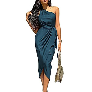 PRETTYGARDEN Women's 2023 Summer Ruched Bodycon Dress Sleeveless One Shoulder Wrap Satin Belted Cocktail Midi Dress(Dark Blue,X-Large)