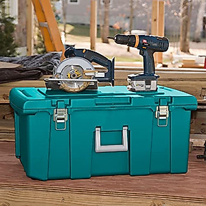 Sterilite 16 Gallon Lockable Storage Tote Footlocker Toolbox Container Box with Wheels, Handles, Metal Handles, and Latches, Teal with Gray Clips