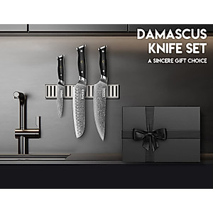 enowo Damascus Knife Set 3 PCS,Razor Sharp Kitchen Knives Made of Japanese Damascus Steel VG10, Well-Balanced Damascus Chef Knife set with Premium G10 Full Tang Handle Triple Rivet Gift Box
