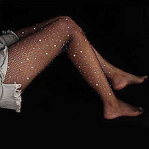 LUCKELF Sexy High Waist Tights Sparkle Rhinestone Fishnets Party Rhinestone Mesh Stockings (Free Size, Black/Rhinestone)