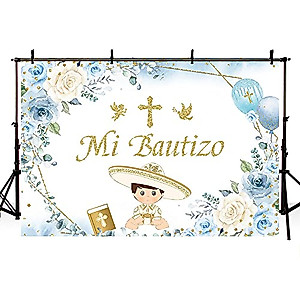 AIBIIN 7x5ft Mi Bautizo Backdrop Boy Baptism Christening Party Decorations Supplies Blue Floral Balloon Gold Cross Angel Photography Background First Holy Communion Mi Primera Banner Photo Shoot Props
