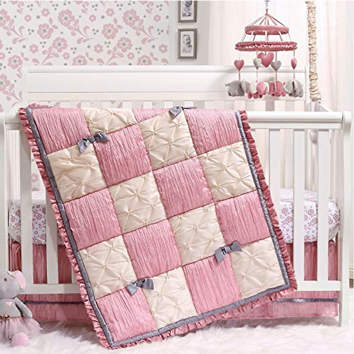 The Peanutshell Bella Crib Bedding Set for Baby Girls - 3 Piece Nursery Set - Crib Quilt, Fitted Crib Sheet, Dust Ruffle