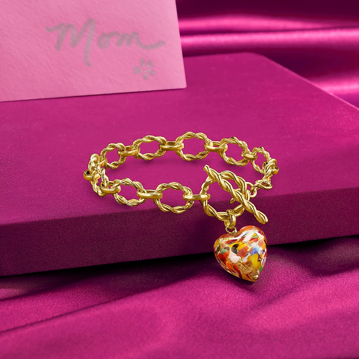 Ross-Simons Italian Multicolored Murano Glass Heart Charm Bracelet in 18kt Gold Over Sterling. 7 inches
