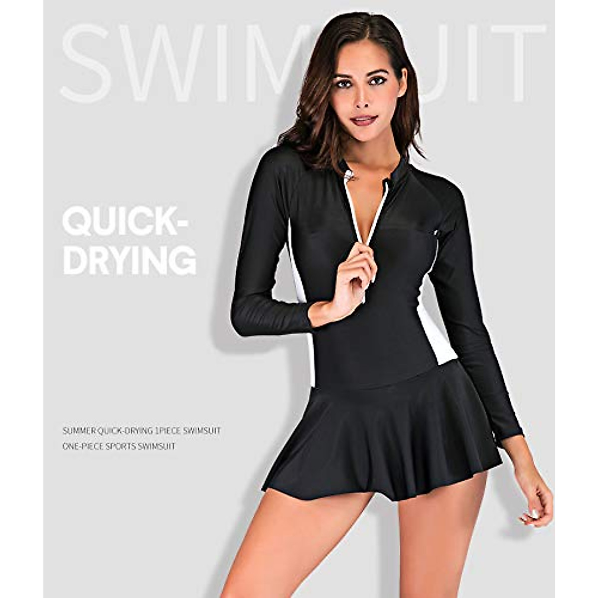 TeeYee Women Girls Swimsuit One Piece Long Sleeve Monokini Diving Swimwear Padded with Ruched Falbala Skirt UV-Protective (M, Black)