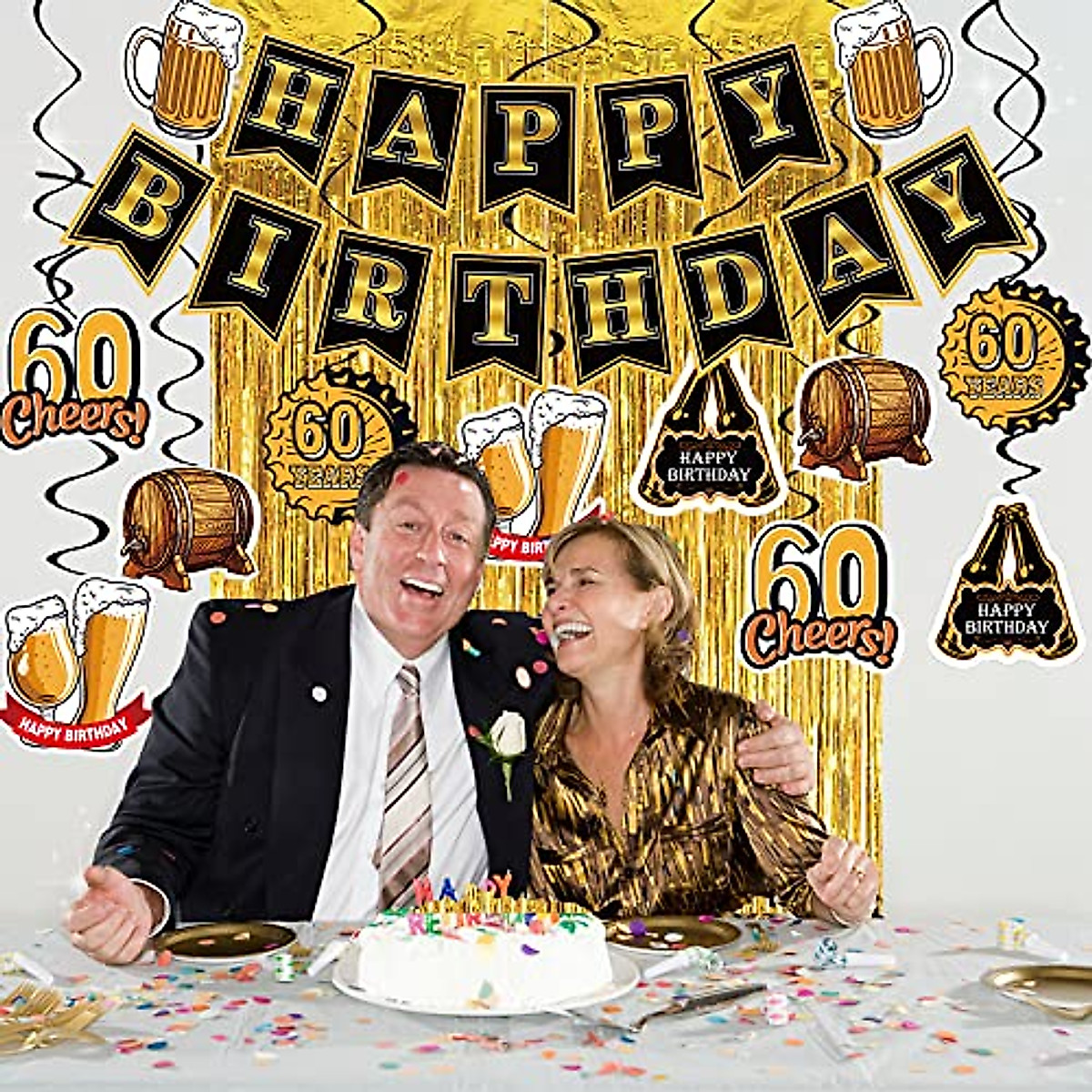 60th birthday decorations for men women - (60pcs) black gold party Banner, 40 Inch Gold Balloons,60th Sign Latex Balloon,Fringe Curtains and cheers to you Foil Balloons,Hanging Swirl,photo props