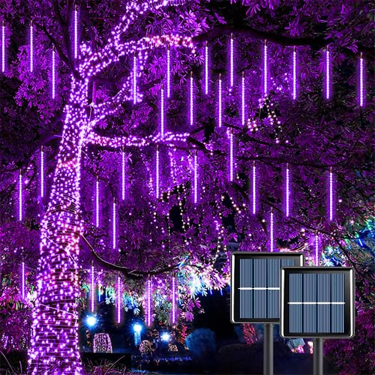 WAKAKA 2 Pack Purple Solar Christmas Lights Outdoor Waterproof, Total 16 Tubes 288 LED Solar Meteor Shower Lights, Falling Rain Lights for Outside Tree Christmas Decorations