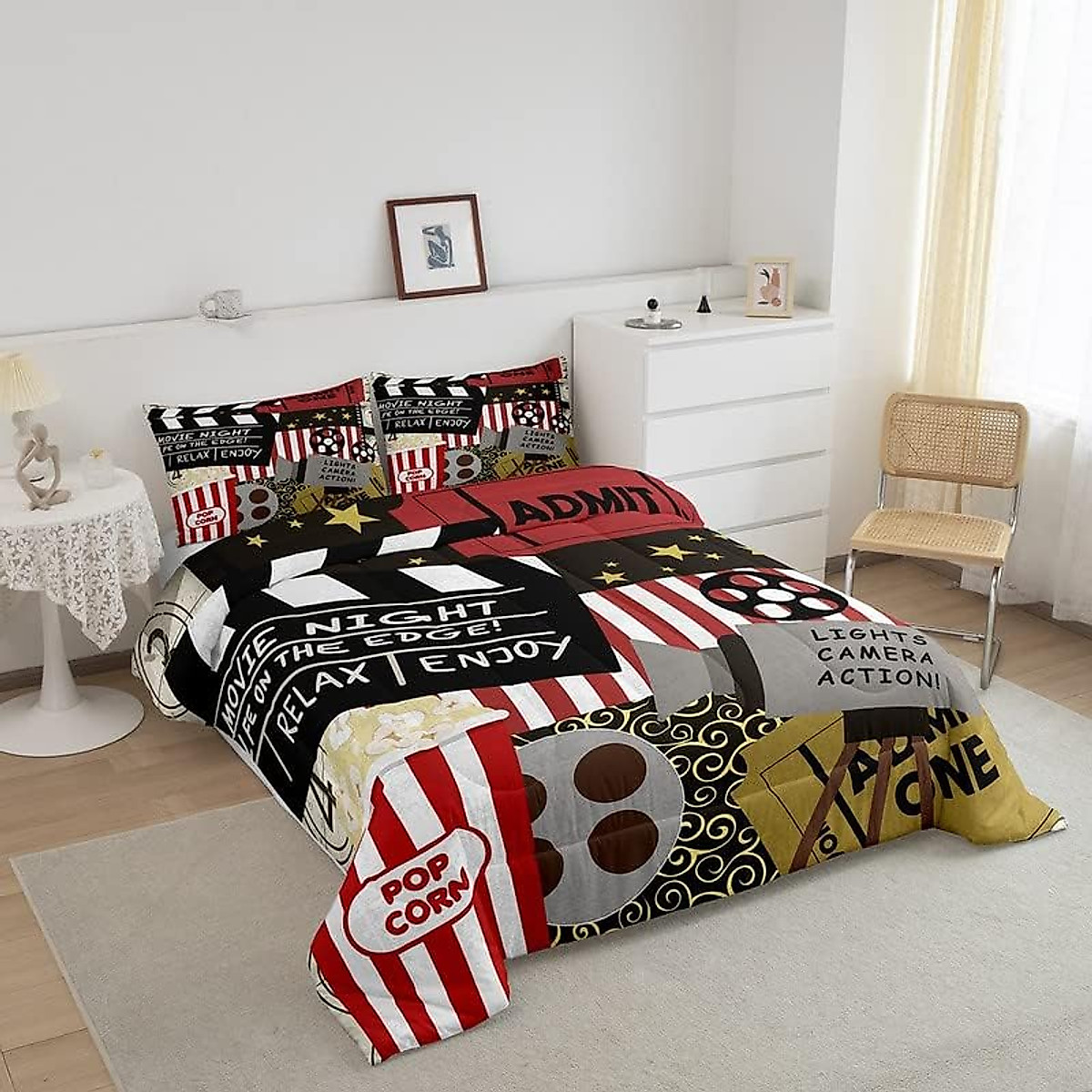 Popcorn Print Comforter Movie Theater Comforter Set Cinema Poster Design Bedding Set for Kids Boys Girls Rustic Wooden Duvet Set Full Size with 2 Pillow Case Boys