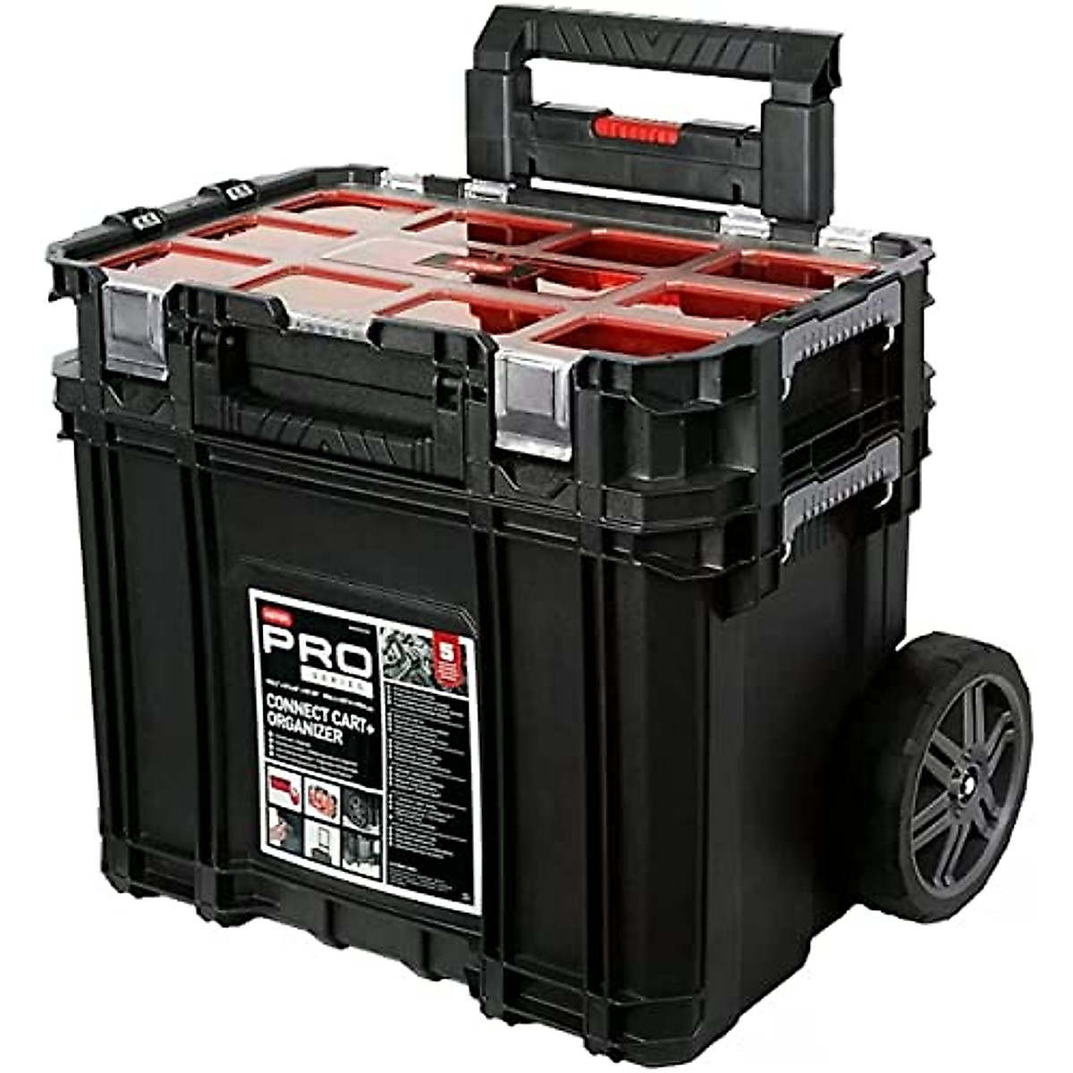 Keter Mobile Hawk Cart and Stackable Tool Box System and Organizer with Telescopic Comfort Grip Handle - Perfect Organization and Storage Chest for Power Drill, Tape Measure, and Small Parts