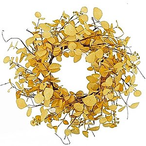20 inch Artificial Fall Eucalyptus Wreath for Front Door with Yellow Eucalyptus Leaves,Dry Vine Branches for Front Door Indoor Outdoor Farmhouse Home Wall Window Festival Decor