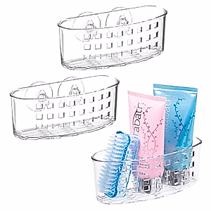 mDesign Plastic Suction Shower Caddy Storage Basket - Soap and Sponge Holder for Bathroom Organization of Body Wash, Loofahs, Razors, Small Shampoo and Conditioner Bottles, Bath Bombs - 3 Pack - Clear