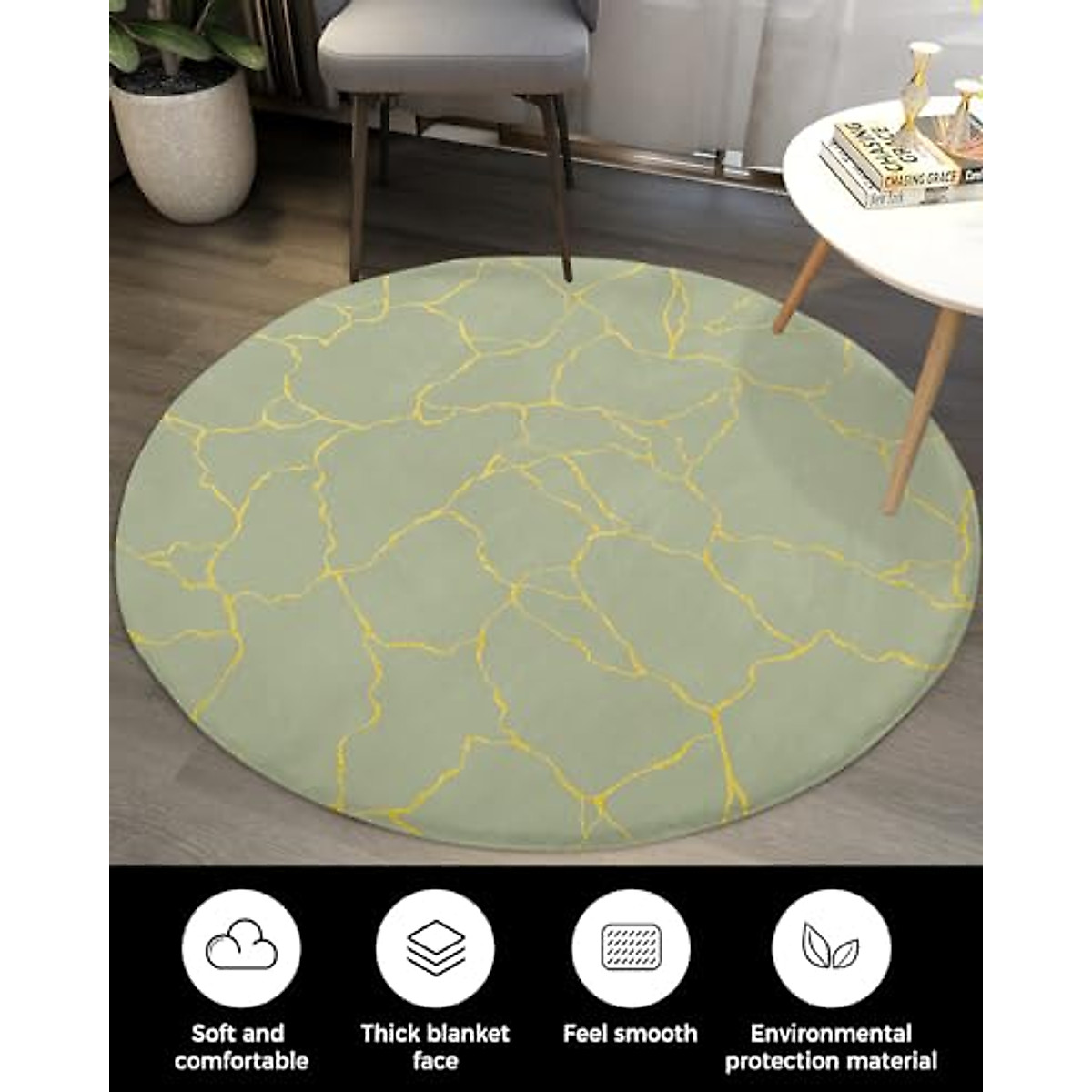 Sage Green Fluffy Round Area Rug Carpets 3.3ft, Plush Shaggy Carpet Soft Circular Rugs, Non-Slip Fuzzy Accent Floor Mat for Living Room Bedroom Nursery Decor Gold Geometric Line Country Rustic Art