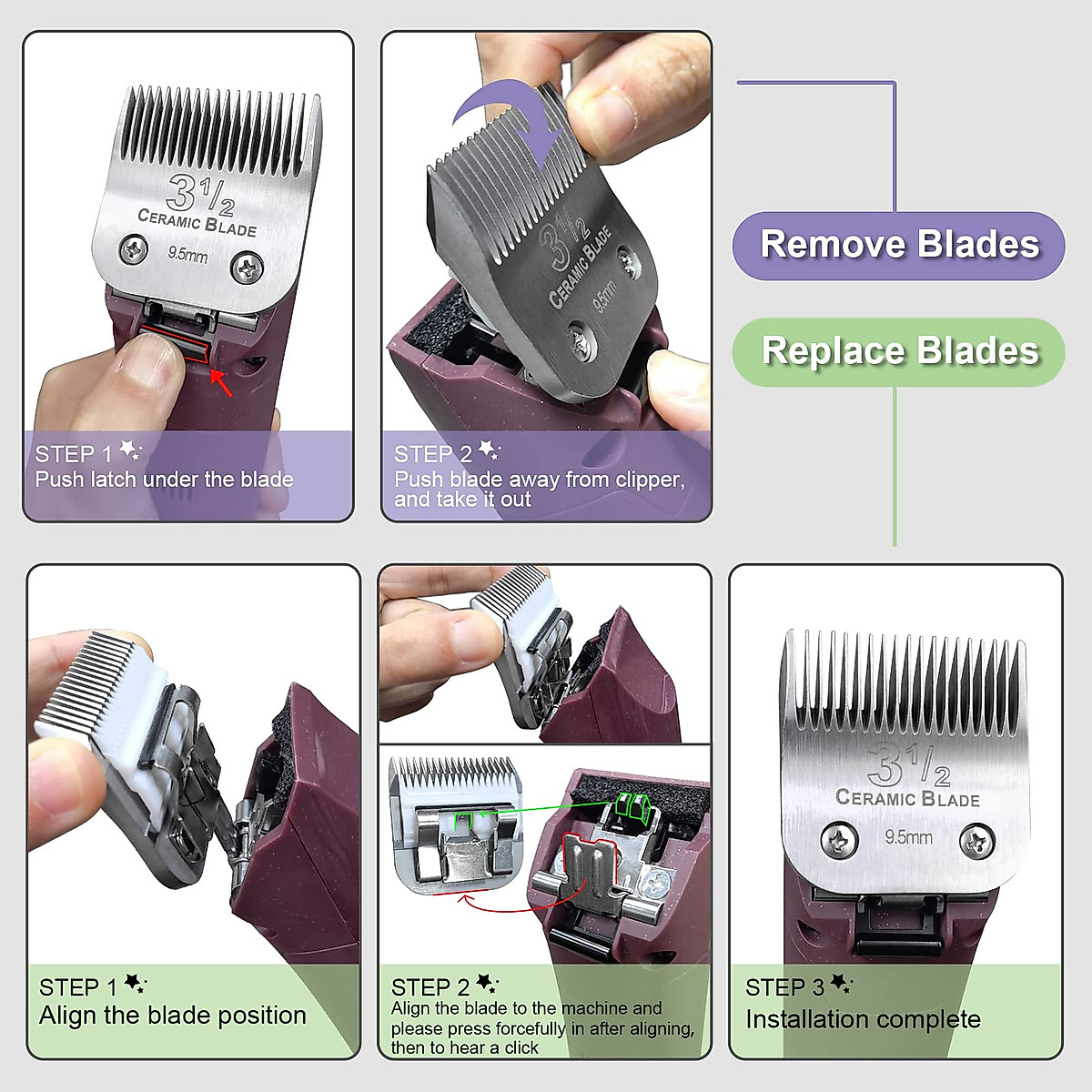 3 Packs Professional Detachable Replacement Ceramic Blades Set,Cut Length 5/32-Inch to 3/8-Inch,compatible with Andis/oster Classic 76/Star-Teq/Power-Teq/A5 Clipper