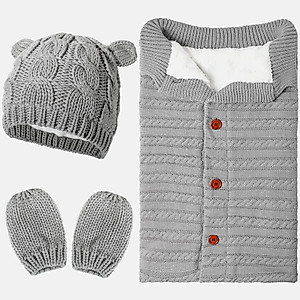 Vicenpal Newborn Baby Wrap Swaddle Blanket Knit Sleeping Bag Receiving Blanket Stroller Wrap for Baby Knitted Hat Gloves Set Beanie Hat and Mittens Unisex Design,Gray