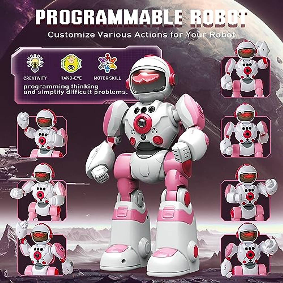 FUUY Robot for Kids 3-5, Robot Toys for Girls with Record Voice & Gesture Sensing Control Programmable Music Dancing Functions Smart Pink Warrior Birthday Gift Toys for Toddler Age 3 4-6 5-7 Year Old