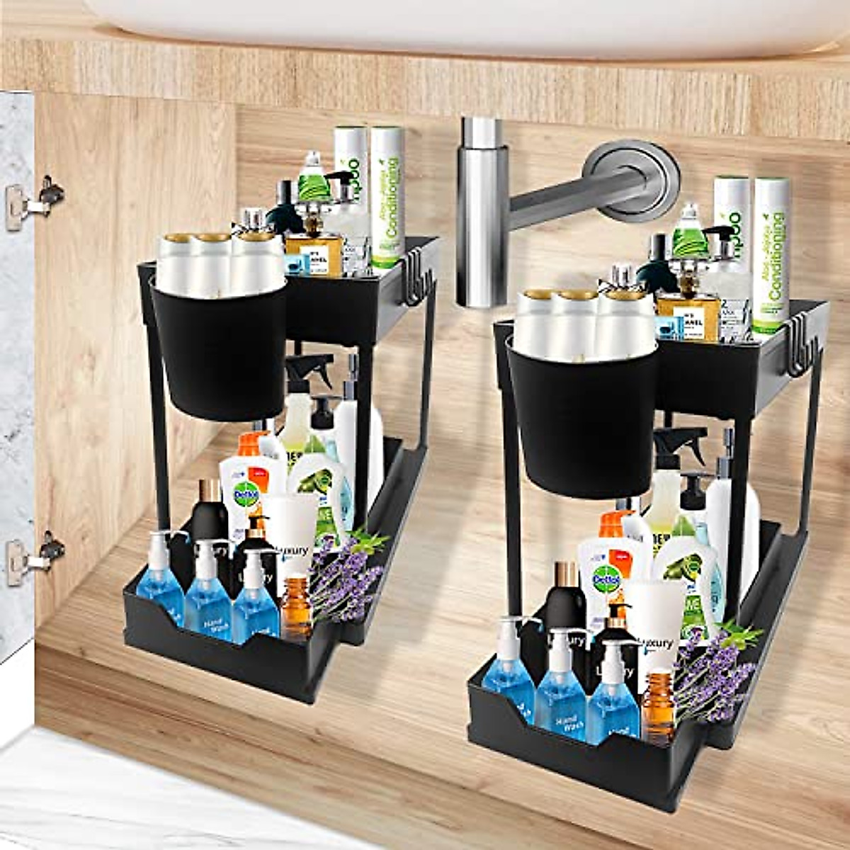 Under Sink Organizers and Storager,Under the Sink Organizer Kitchen Sink Organizer with Hooks, Hanging Cup,2-Tier Multi-purpose Holywarm Under Sink Organize,Bathroom Organizer, 2 Pack