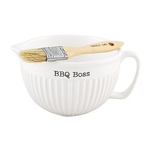 Mud Pie Circa BBQ Pitcher Sauce Set, White, bowl 4" x 8" dia | brush 6 1/2"